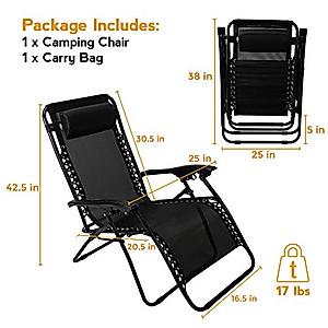 Pacific Pass Folding Zero Gravity Reclining Chair w/ Built-In Headrest - Durable Construction -Middle- Black