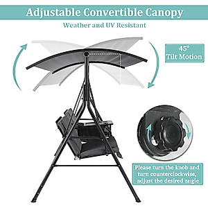 OKL 2 Seat Outdoor Patio Swing Chair, Canopy Swing with Cooler Removable Cushion and Weather Resistant Steel Frame, Hanging Porch Gray