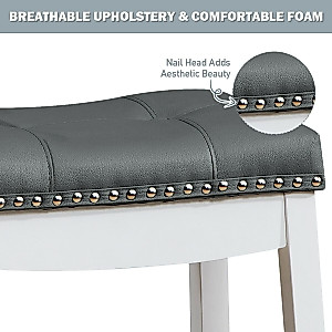 ERGOMASTER Bar Stools Set of 2-24 Inch Counter Stools Height Solid Wood Legs Espresso with Gray PU Cushion for Kitchen Living Room and Bar - White Legs