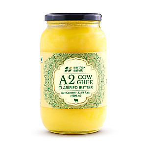 Sarthak Satvik A2 Cow's Ghee | Free Grazing Pure Desi Cow | Using Traditional Bilona Method | Helps in Building Bone Strength & Improves Stamina | Organic and Natural Immunity Booster - 33 Oz