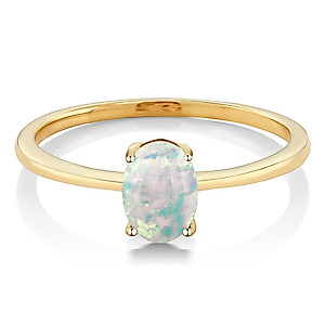 Gem Stone King 10K Yellow Gold White Simulated Opal Solitaire Engagement Ring For Women | 0.63 Cttw | Oval Cabochon 7X5MM | Gemstone October Birthstone | Available in Size 5-10
