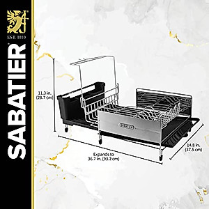 Sabatier Expandable Stainless Steel Dish Rack with Rust-Resistant Soft Coated Wires and Bi-Directional Spout, Gray/Black