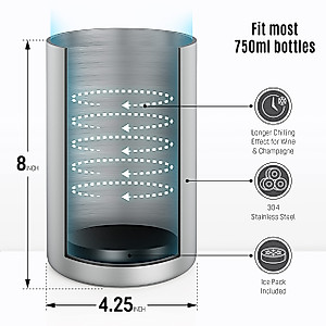 Wine Bottle Chiller, Wine Chiller Bucket with Ice Pack for 750ml White Wine Bottle or Champagne, Stainless Steel Wine Cooler Bucket, Champagne Bucket Perfect Wine Accessories for Wine Lovers