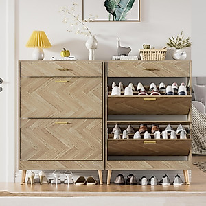 Anmytek Shoe Storage Cabinet with 2 Flip Drawers & 1 Drawer, Natural Oak Slim Shoe Cabinet with Wooden Legs, Freestanding Hidden Narrow Shoes Organizer Cabinet for Entryway, Hallway