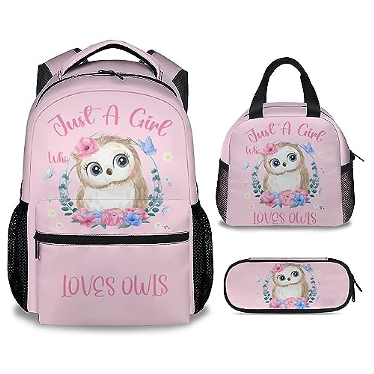 UNIKITTY Owl Backpack with LunchBox, Set of 3 School Backpacks Matching Combo, Cute Pink Bookbag and Pencil Case Bundle