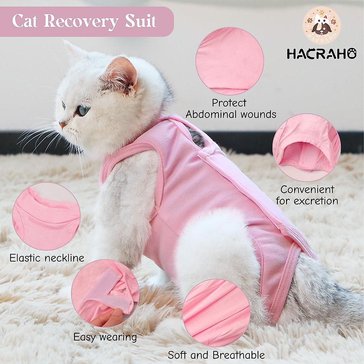 HACRAHO Cat Recovery Suit, 1 Pack Pink Soft Breathable Cat Recovery Clothes E-Collar Cat Wound Surgery Recovery Suit After Surgery Wear for Cats Kitten, S