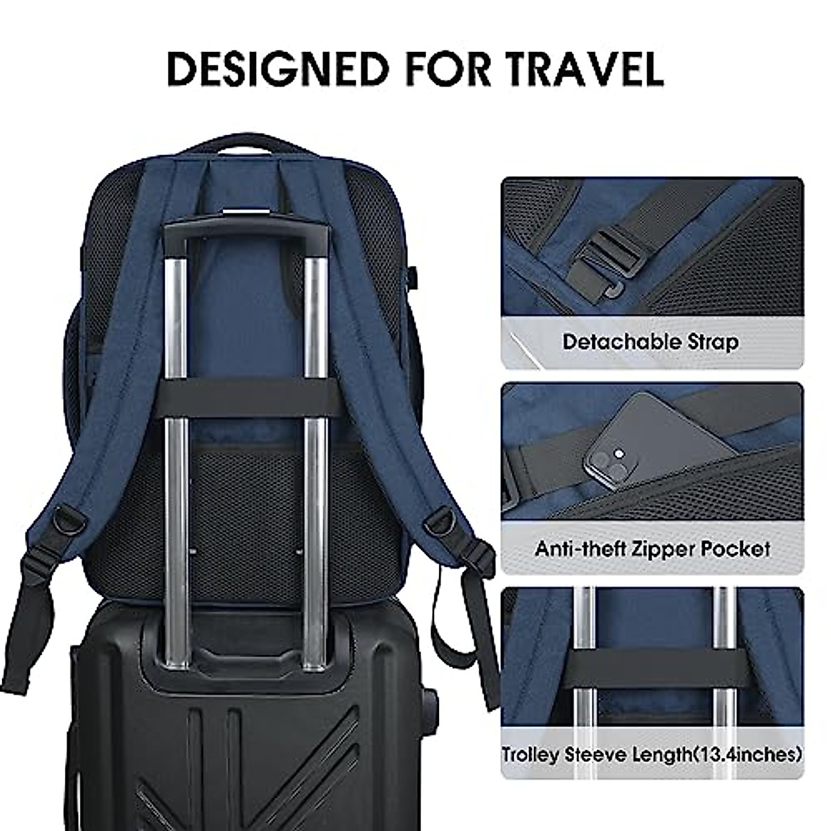 WANDF Travel Backpack For Spirit Airlines Personal Item Bag 18x14x8 with Wet Pocket, 17 Inch Laptop Backpack for Men Women（Navy Blue）
