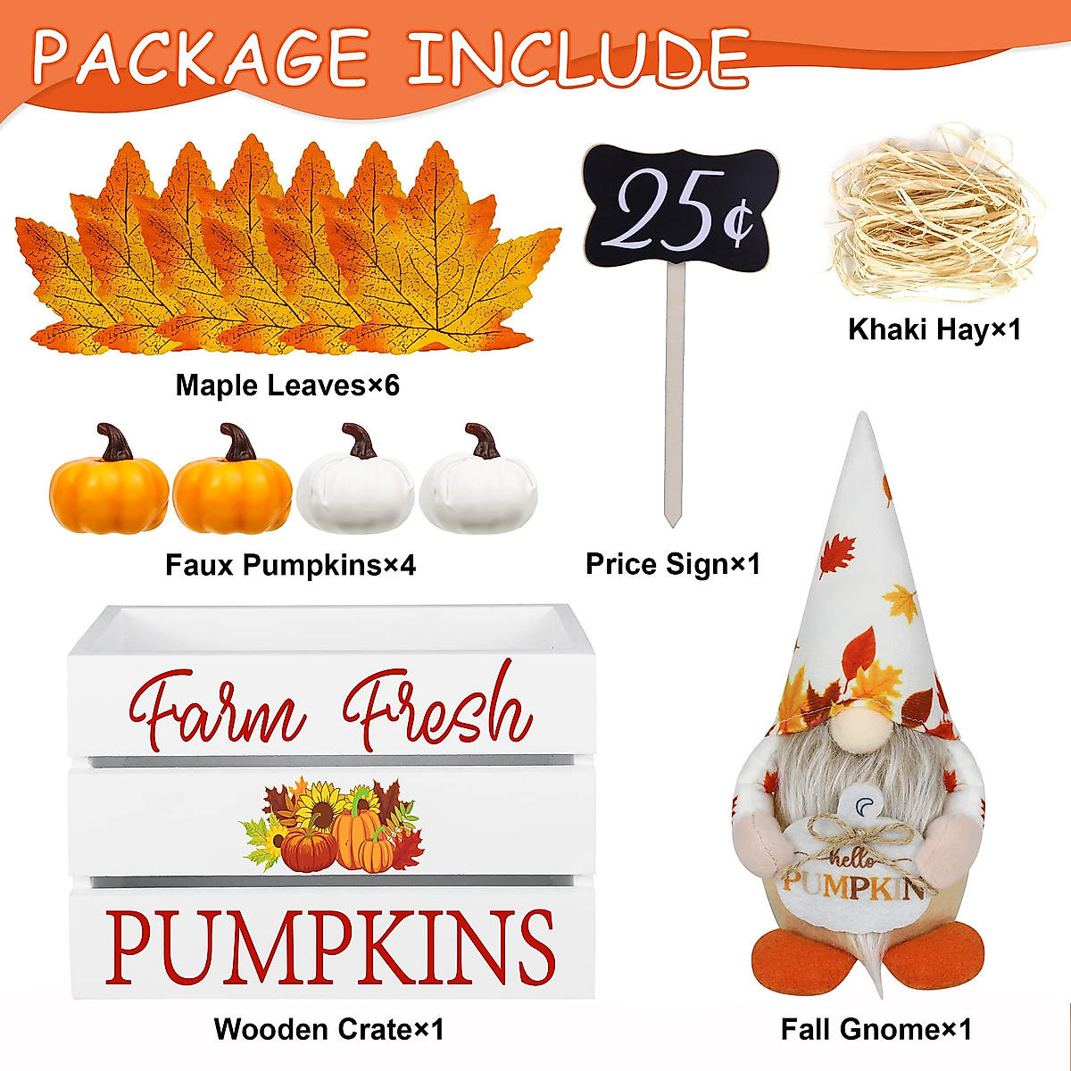 Fall Decorations for Home Indoor, Fall Thanksgiving Table Decor - Wooden Crate with 1 Fall Gnome Plush, 4 Mini Foam Pumpkins & 6 Fall Leaves, Farmhouse Fall Kitchen Tiered Tray Decor Mantle Shelf Desk