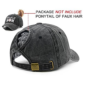 Waldeal Baseball Mom Ponytail Hats for Women, Adjustable Embroidered Washed Messy Bun Ponycap for Mama Black