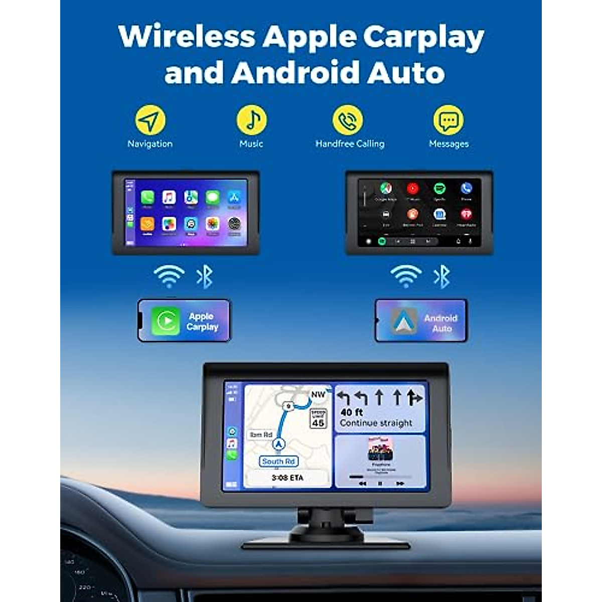 Portable Car Stereo Wireless Apple Carplay Android Auto with 7" HD IPS Touch Screen Car Radio Audio Receivers Bluetooth5.0, AirPlay, GPS Navigation for Car, Siri/Google Assistant, Calling, AUX/FM