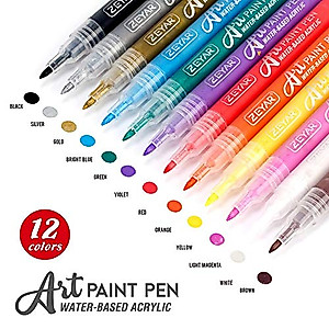 ZEYAR Acrylic Paint Pens, Extra Fine Point, AP Certified, 12 Colors, Water Based, Permanent & Waterproof Ink, Works on Rock, Wood, Glass, Metal, Ceramic and Non porous Surfaces (12 Colors)