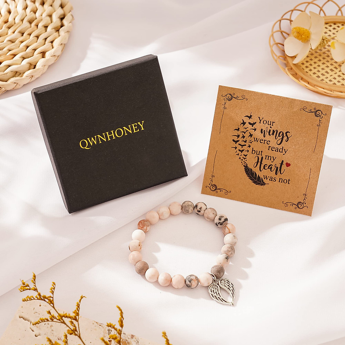 QWNHONEY Grief Gifts for Women Pink Beads Bracelet with Angle Wings Jewelry Gifts for Women Whisper I Love You to A butterfly and It Will Fly to Heaven to Deliver Your Message