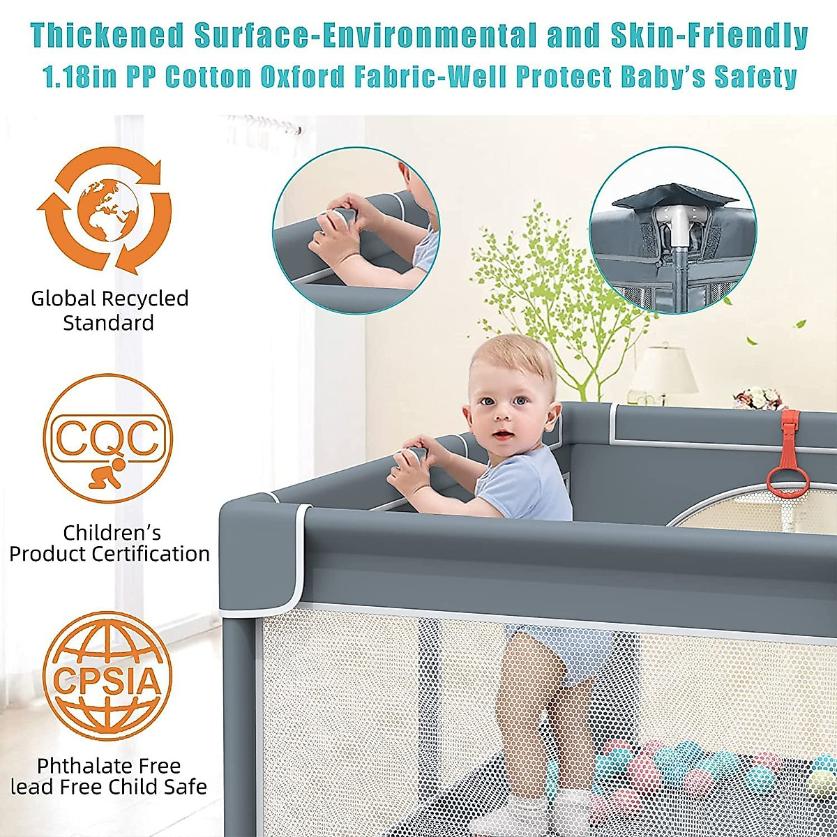 Baby Playpen, 79" x 63" Extra Large Play Yard Playpen for Babies and Toddlers with 50 Ocean Balls, Indoor & Outdoor Safety Baby Activity Center with Breathable Mesh, Anti-Slip Suckers and Zipper Gate