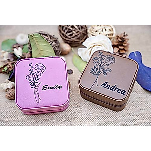 Personalized Leather Jewerly box, Birth Flower Month Customized Leather Jewelry Box with Name, Birthday Gifts for Women, Jewelry Travel Case - Bridesmaids, Graduation gifts (Teal)