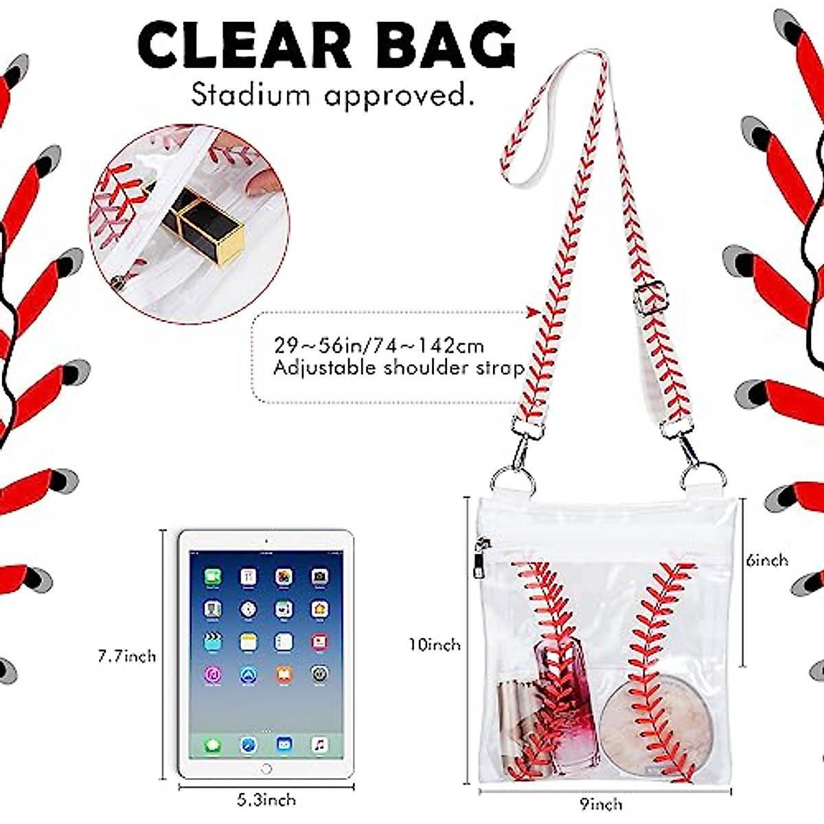 Sanwuta Baseball Clear Stadium Approved Crossbody Purse Bag with Adjustable Shoulder Strap Transparent Purse Handbags for Women Men Concerts Sporting Events Festivals Prom Party Present