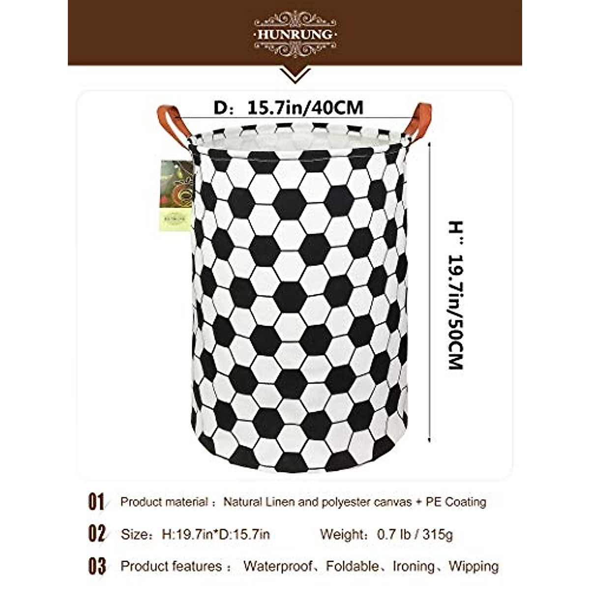 HUNRUNG Laundry Hamper,Large Canvas Fabric Lightweight Storage Basket Toy Organizer Dirty Clothes Collapsible Waterproof for College Dorms, Children Bedroom,Bathroom（Roud-Football）