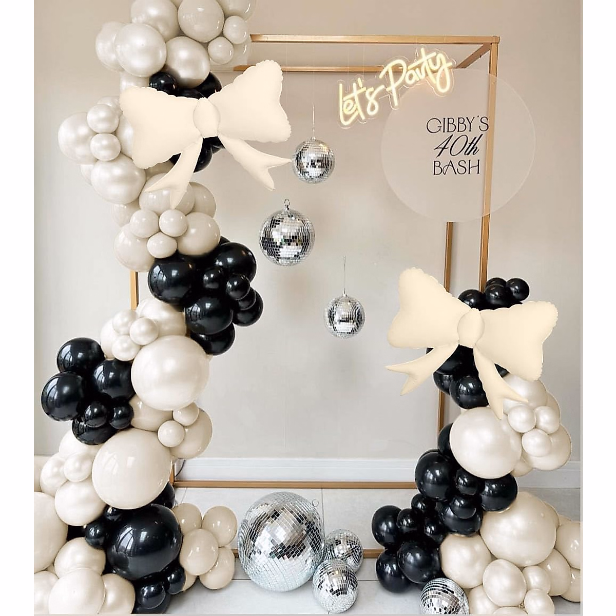 Bow Balloon Garland Arch Kit, 146 Pcs Black and White Bowtie Iridescent Disco Ball Foil Balloon for Birthday Anniversary Wedding Bridal Gender Reveal Supplies Bachelorette Tea Ribbon Party Decoration