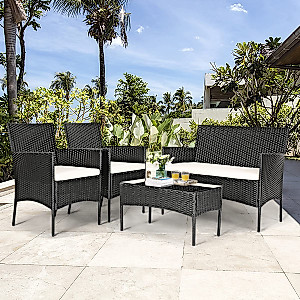 HAPPYGRILL 4PCS Patio Furniture Set Rattan Wicker Conversation Set Outdoor Patio Table Chair Set Wicker Sofas and Coffee Table Set for Garden Lawn Poolside