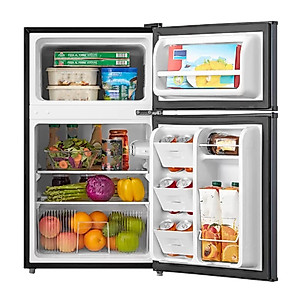 2 Door Mini Fridge, 3.2 Cu ft Compact Refrigerator with Freezer for Dorm Apartment Drinks Snacks Cooling (Stainless Steel)