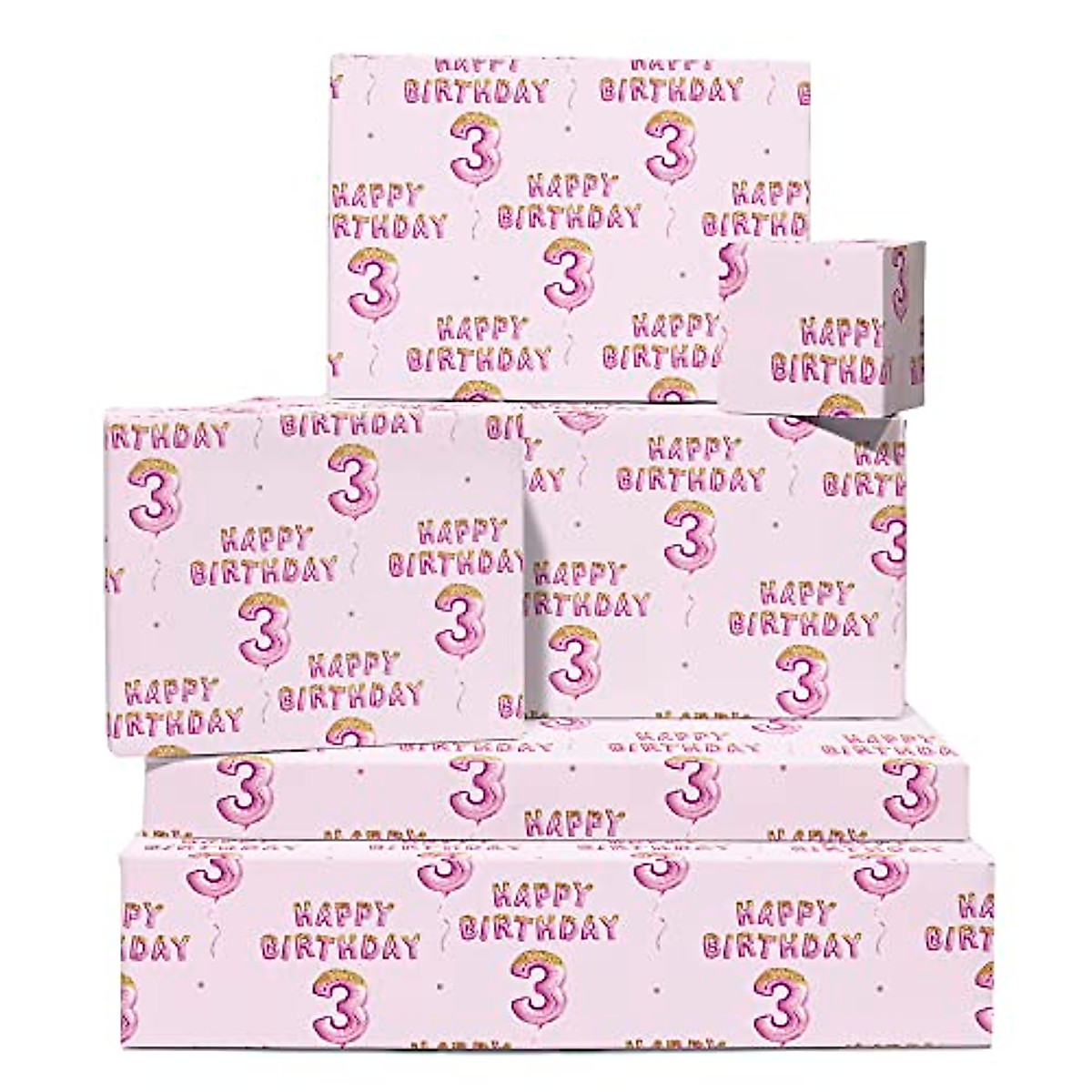 CENTRAL 23 Birthday Wrapping Paper For Girls - 6 Sheets Pink Wrapping Paper - Age Three - Happy 3rd Birthday Gift Wrap For Her - Comes With Stickers - Recyclable