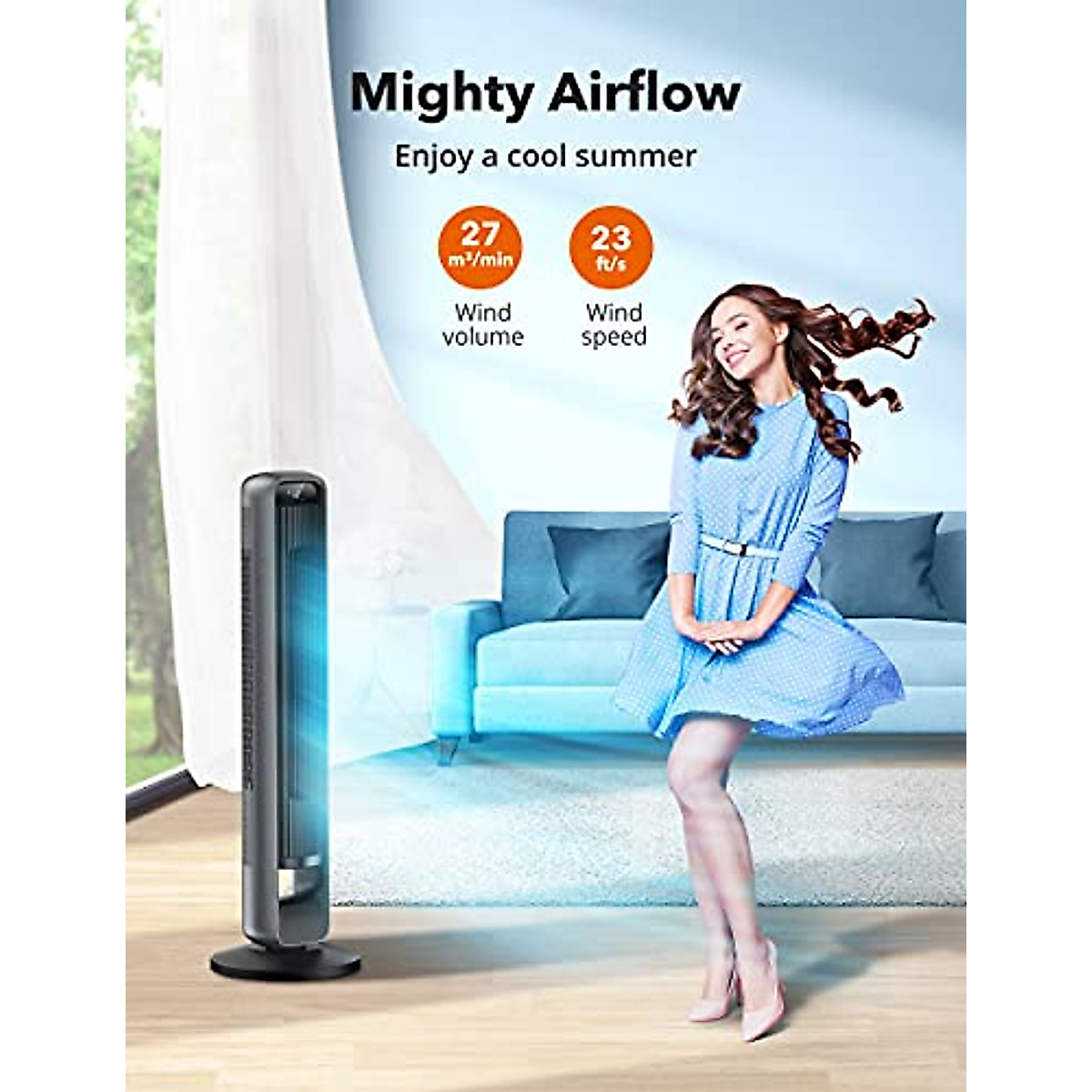 Tower Fan, 28dB 90°Oscillating Fan with DC Motor, 12 Speed Levels, 4 Wind Modes, 12-Hour Timer, Night Light, Portable Cooling Bladeless Floor Fan with Remote for Living Room Bedroom Office，42”