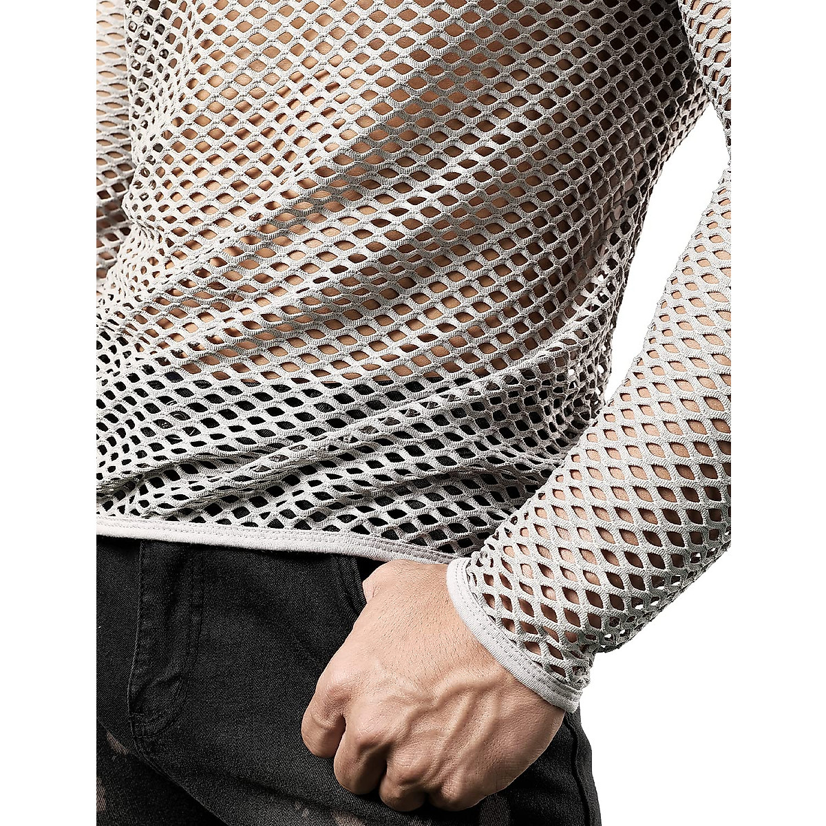 JOGAL Men's Mesh Fishnet Fitted Long Sleeve Muscle Top X-Large WG04 Grey