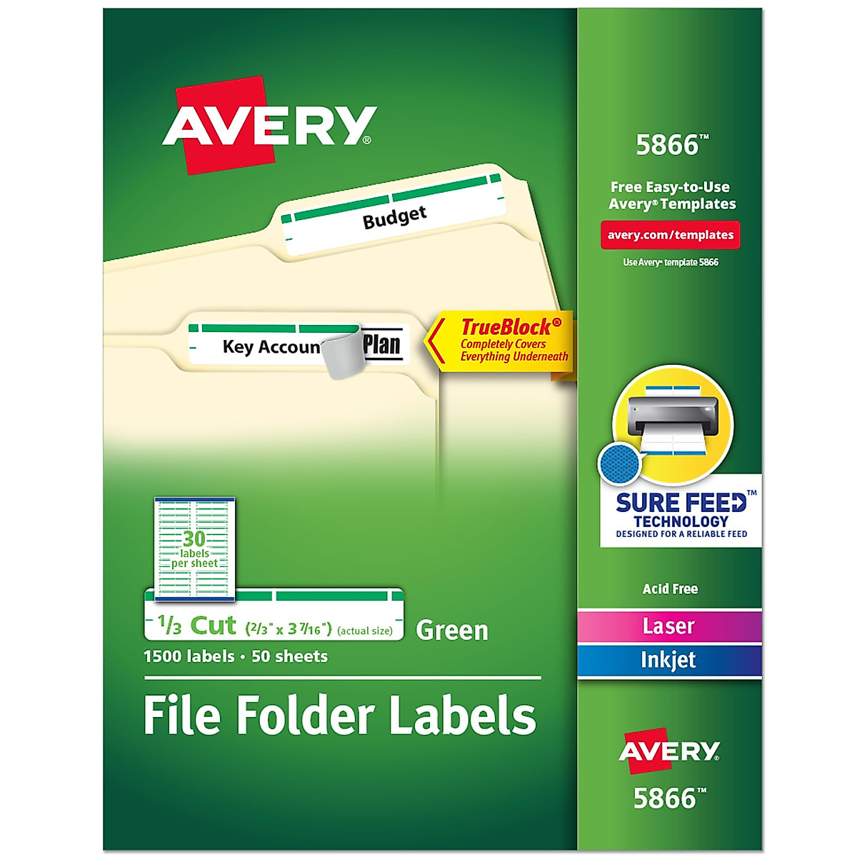 Avery Green File Folder Labels for Laser and Inkjet Printers with TrueBlock Technology, 2/3 inches x 3-7/16 inches, Box of 1500 (5866)