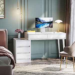 Tribesigns White Desk with 5 Drawers, High Gloss White Modern Home Office Desk with Storage Drawers and Printer Stand, Reversible Computer Desk Vanity Desk for Bedroom, Living Room