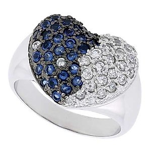 Sterling Silver & rhodium Plated Heart Ring, w/ 2mm High Quality Sapphire & White CZ's, 9/16" (15mm) wide, size 7