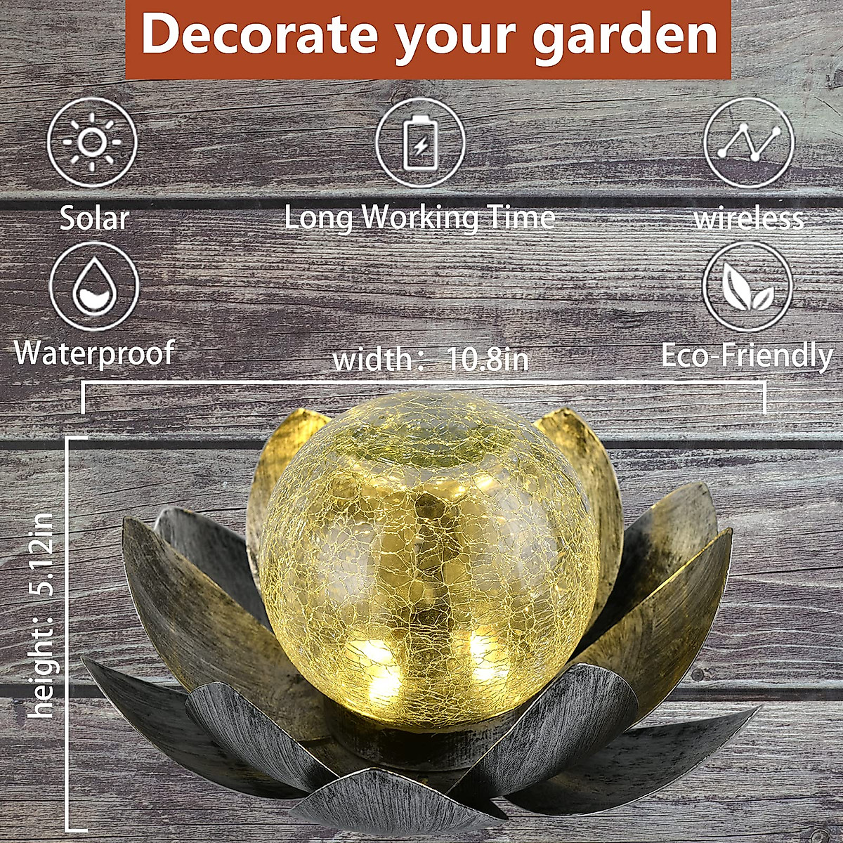 Solar Lotus Metal Flower Light Outdoor Waterproof Garden LED Powered Amber Crackle Ball Lamp for Lawn Patio Yard Tabletop Decor (Lotu - Grey A1)