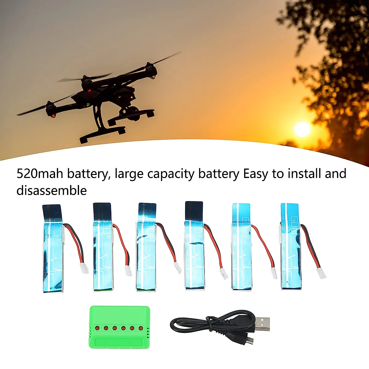 NestNiche 3.7V 520mAh Li-ion Battery, 6 PCS Lightweight High Discharge Rate RC Batteries with Charger Cable for RC Airplane Helicopter Models, Blue