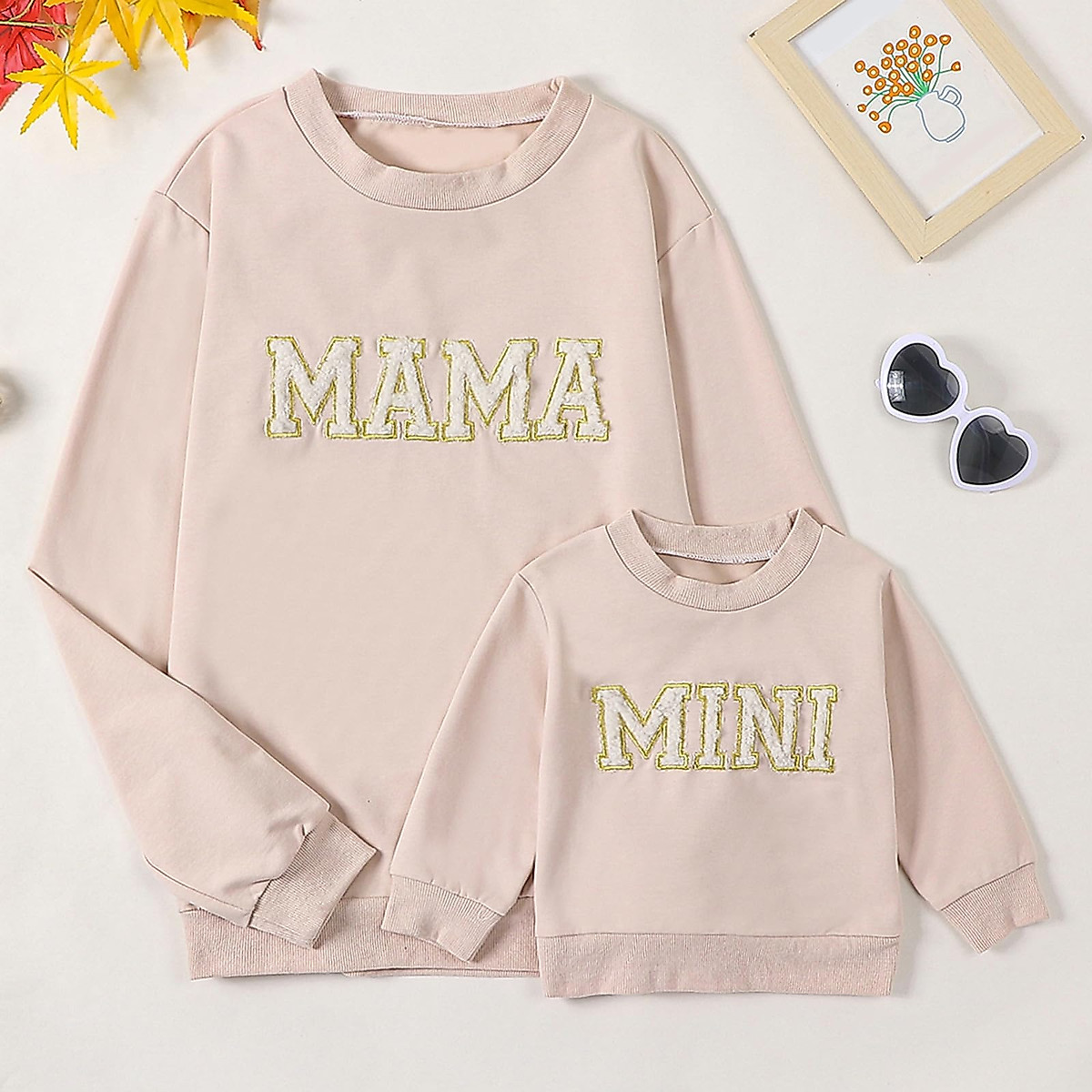 Winioder Mommy and Me Matching Outfits Letter Print Crewneck Pullover Sweatshirt Long Sleeve Shirt Tops Baby Clothes (Baby,Matching Beige,0-6 Months)