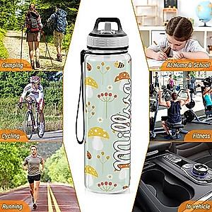 Wusikd Mushroom Custom Water Bottle Tritan BPA-Free Drink and Straw Leakproof Motivational Bee Ladybug Drinking Water Bottles with Carrying Strap for Office, Gym, Outdoor Sports