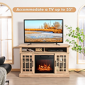 Tangkula Electric Fireplace TV Stand for TVs Up to 55 Inch, Fireplace Entertainment Center with Two Side Cabinets & Adjustable Shelves, Electric Heater with Overheat Protection, Remote Control