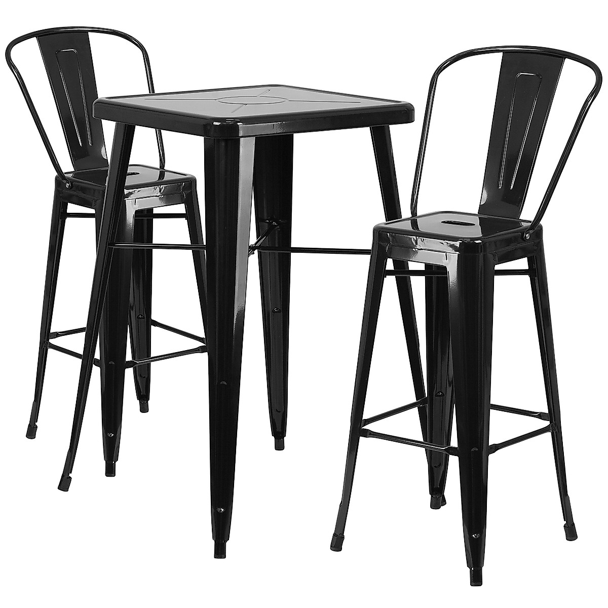 EMMA + OLIVER Commercial 23.75SQ Silver Metal Indoor-Outdoor Bar Table Set-2 Stools-Backs