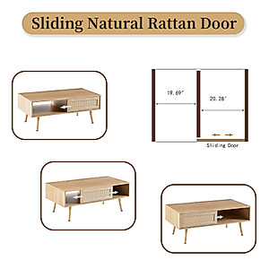 Tansole Natural Oak Modern Coffee Table, Rectangular with Storage, Rattan Woven Design, Living Room Center Table, 41.34x21.65x16.34 inches, 36.3 pounds