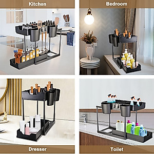 Under Sink Organizers and Storage - 2 Tier Sliding Bathroom Organizer Kitchen Cabinet Basket Storage Shelf with 4 Hooks and 2 Hanging Cups for Home Storage