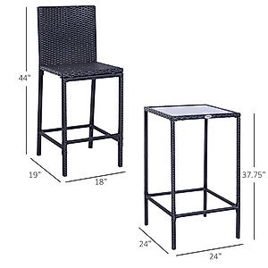 Outsunny 3pcs Rattan Bar Set with Glass Top Table, 2 Bar Stools for Outdoor, Patio, Garden, Poolside, Backyard