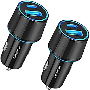 35W PD USB C Car Charger，Looptimo Type C Fast Charging Cigarette Lighter Adapter(2 Pack), Power Delivery 3.0 and 3A USB A Dual Port Compatible for Apple iPhone 14 Pro Max/14 Plus/14 Pro/13/12/11/XS/XR