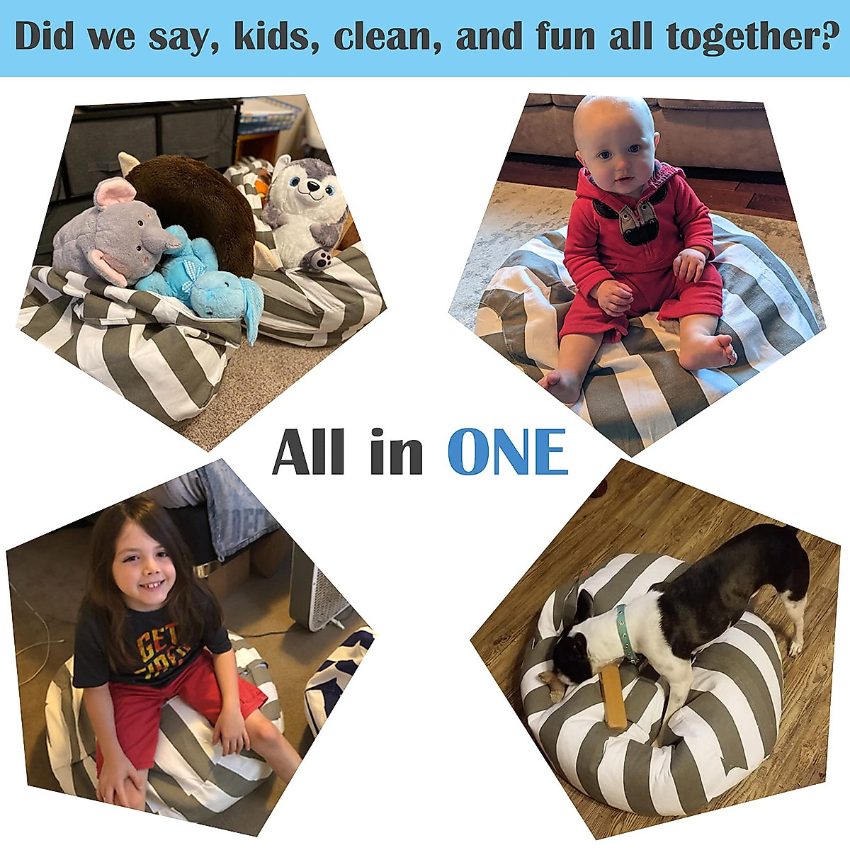 2-pack Stuffed Animal Storage Bean Bags for Kids Room 23" Empty Animal Beanbag Chair Covers Only Small Stuffed Animal Storage for Toddlers, Children, Boys, Girls Kids Room Decor, White Grey Stripes