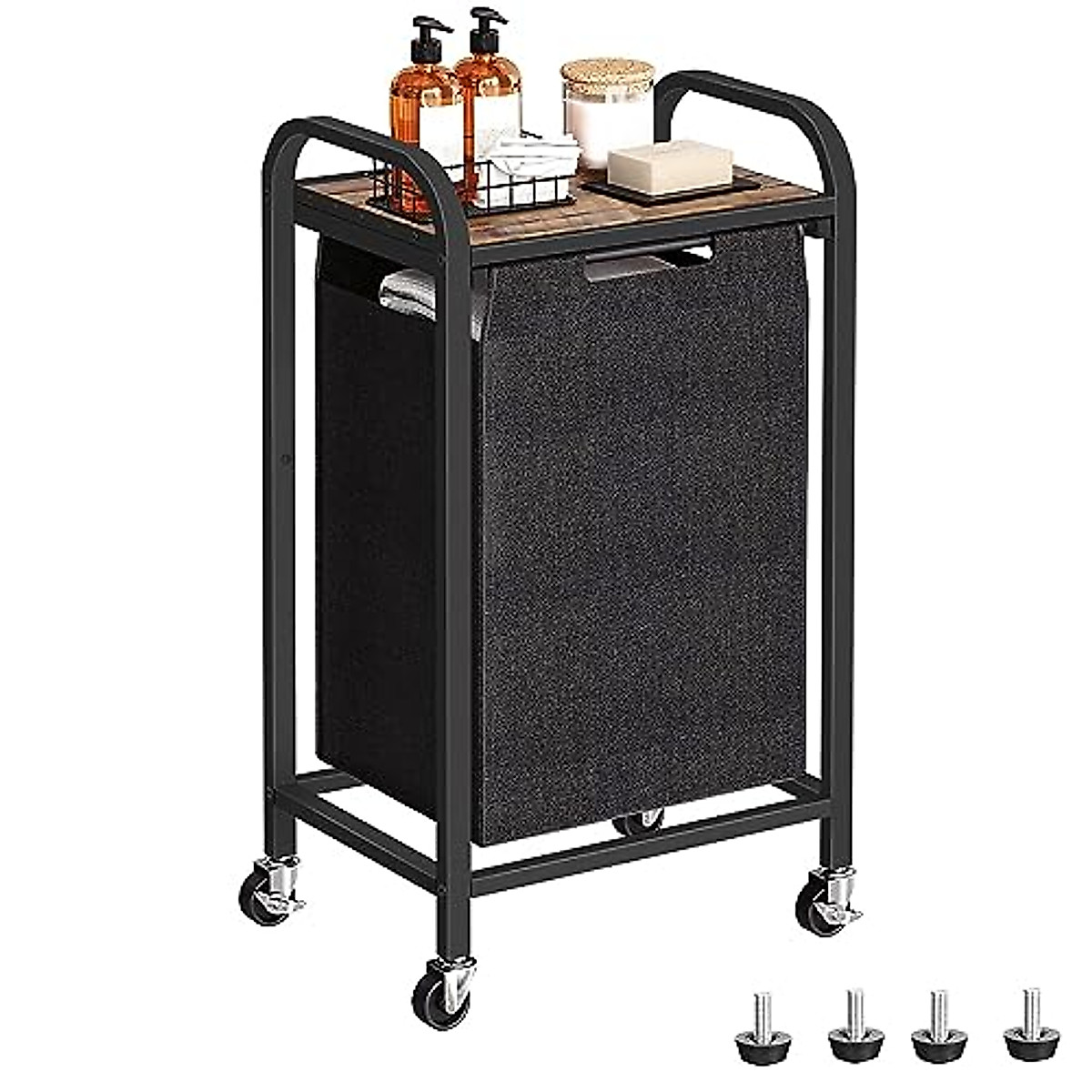 ALOFA Laundry Basket, Laundry Hamper with Shelf, 48L Laundry Room Organization, Pull Out and Removable Laundry Bag, Metal Frame Made Laundry Sorter Wheels and Adjustable Feets Black