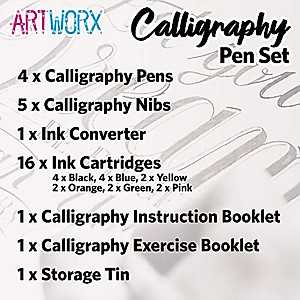 Artworx Calligraphy Pens Set - Introductory Caligraphy Writing & Hand Lettering Kit - Includes Instructions, Guide Book and Practice Book - Calligraphy Set For Beginners