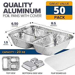 Fit Meal Prep [50 Pack 3 Compartment 8.5 x 6.5 x 1.5 Rectangular Disposable Aluminum Foil Pan Take Out Food Containers with Flat Board Lids, Hot Cold Freezer Oven Safe