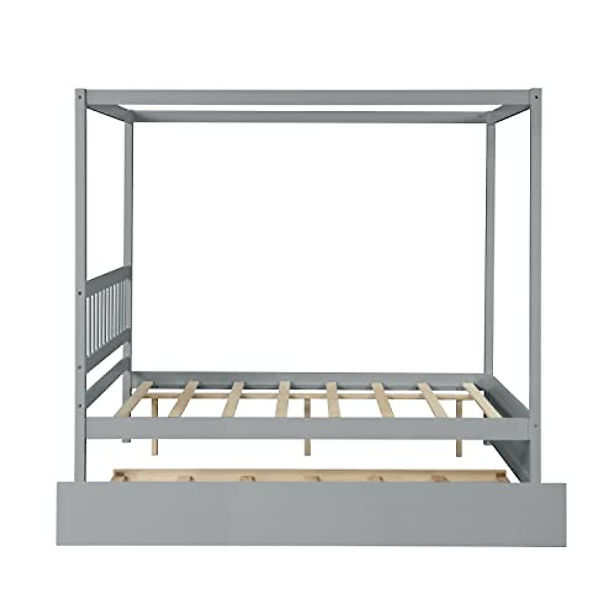 HAUSHECK Full Size Canopy Bed Frame with Trundle, Four-Poster Canopy Platform Bed Frame with Headboard for Kids, Teen, Adults, Sturdy Wooden Slatted Structure, No Box Spring Needed, Easy Assembly