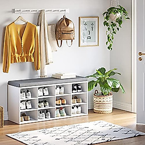 DINZI LVJ Shoe Storage Bench with Cushion, Cubby Shoe Rack with 12 Cubbies, Adjustable Shelves, Multifunctional Shoe Organizer Bench for Entryway, Mudroom, Hallway, Closet and Garage, White