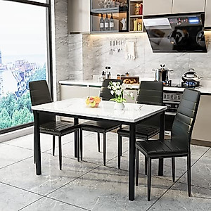 Lamerge Kitchen Tables Set for 4, Dining Faux Marble Top Table and 4 PU Leather Chairs, 5 Pieces Dining Room Table Set for Small Space, Breakfast Nook and Apartment, Black