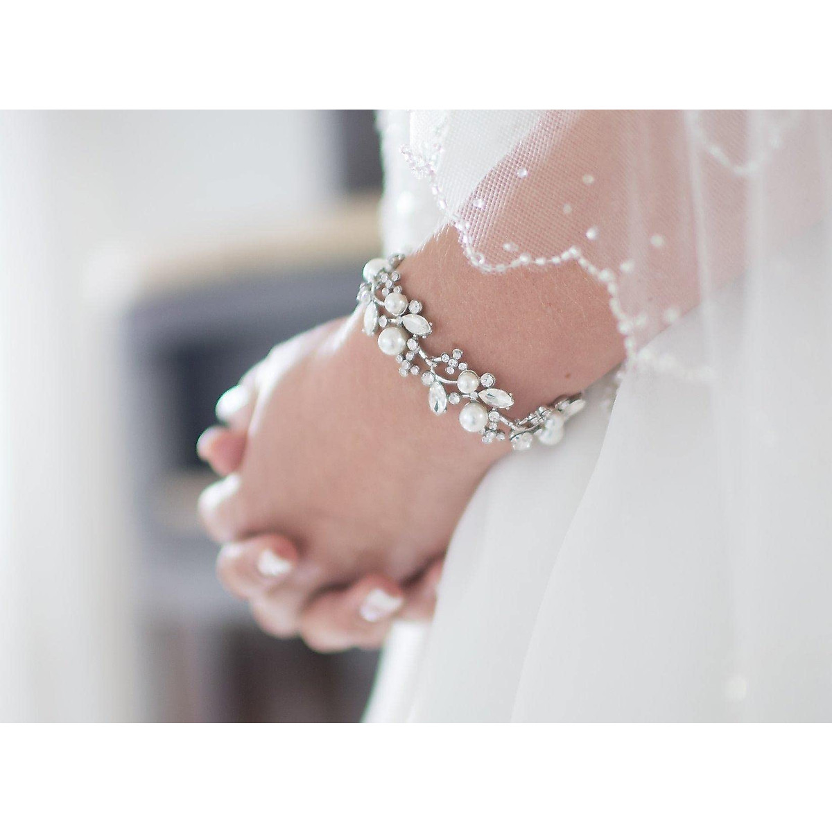 EVER FAITH Austrian Crystal White Simulated Pearl Bridal Prom Floral Leaf Tennis Bracelet