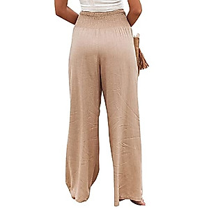 LIORAITIIN Women Cotton Linen Pants Elastic High Waist Loose Wide Leg Palazzo Lounge Sport Yoga Trousers with Pockets (Khaki, Large)