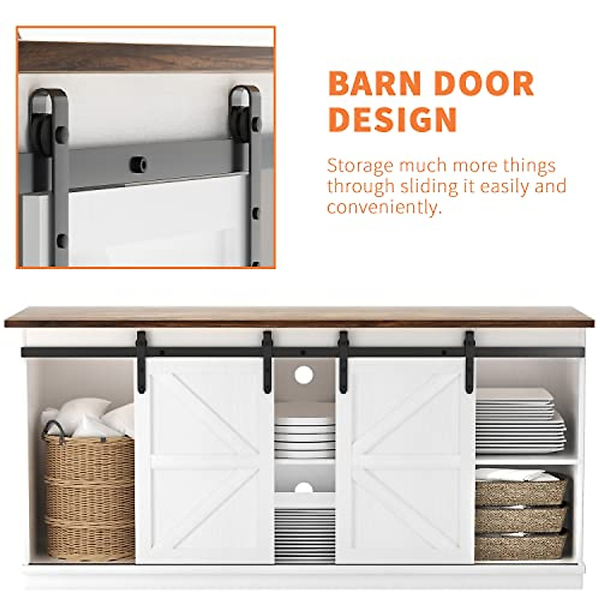 YESHOMY Farmhouse TV Stand for Televisions up to 65+ Inch with Sliding Barn Doors and Storage Cabinets, Entertainment Center Console Table, Media Furniture for Living Room, 58 Inch, White