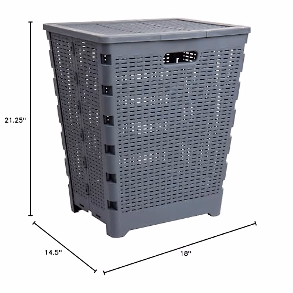 Mind Reader 61L Foldable Laundry Hamper, Clothes Basket, Lid, Wicker Design, Plastic, 18"L x 14.5"W x 21.25"H, Gray